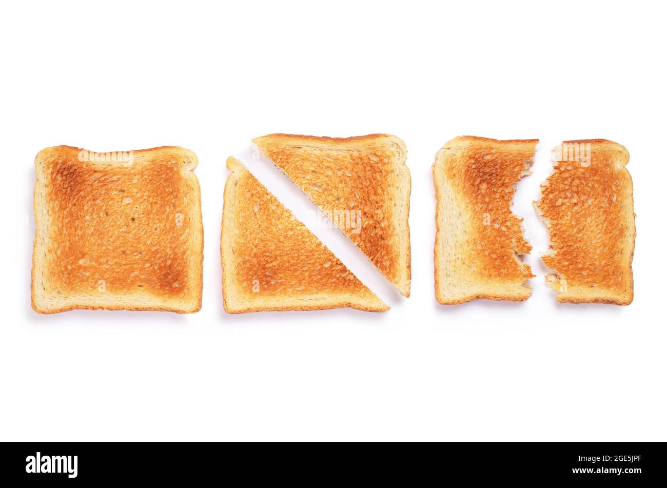 Slices of toast bread whole, cut and broken on white background. Top ...