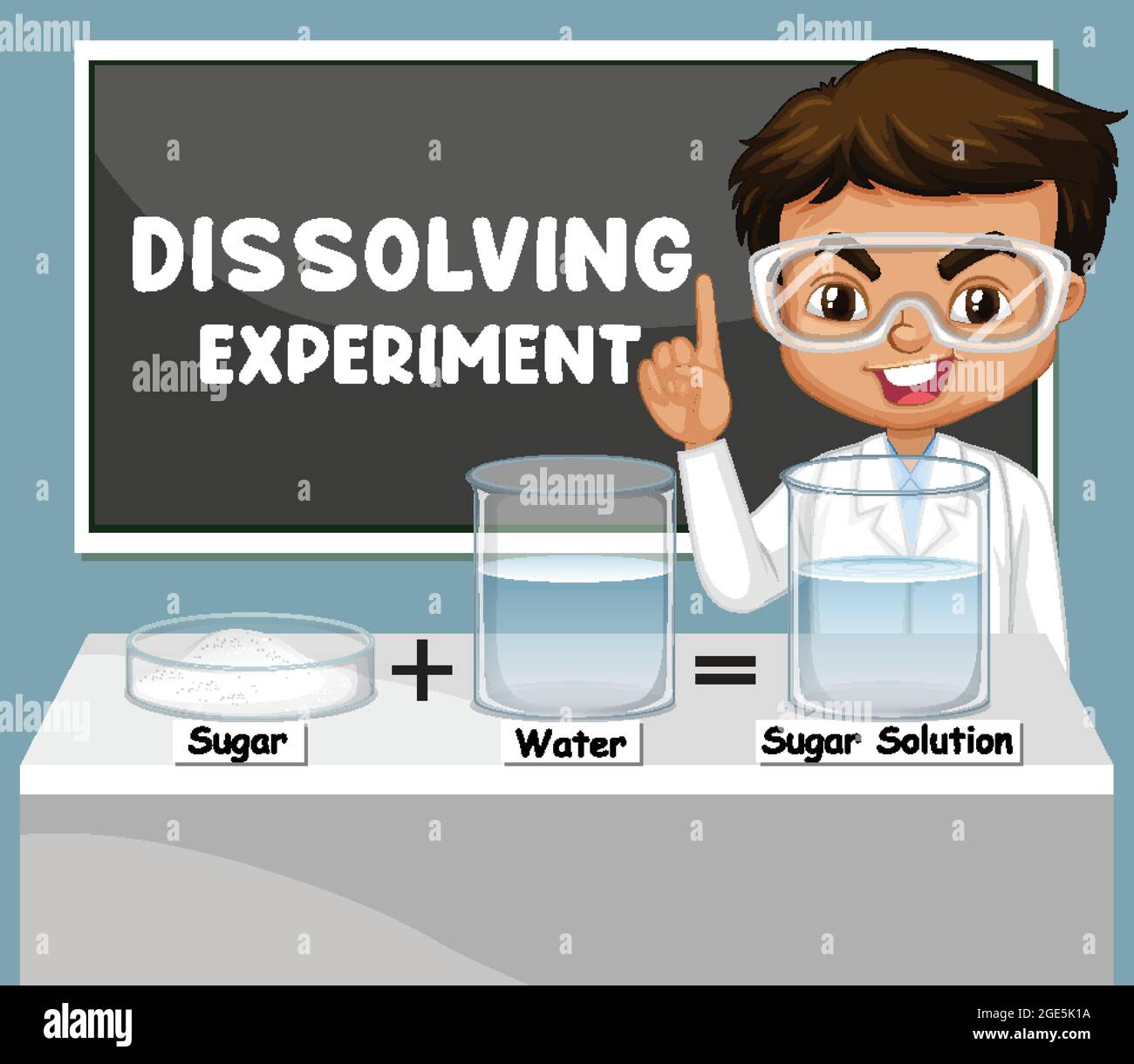 Dissolving experiment with scientist kids cartoon character ...