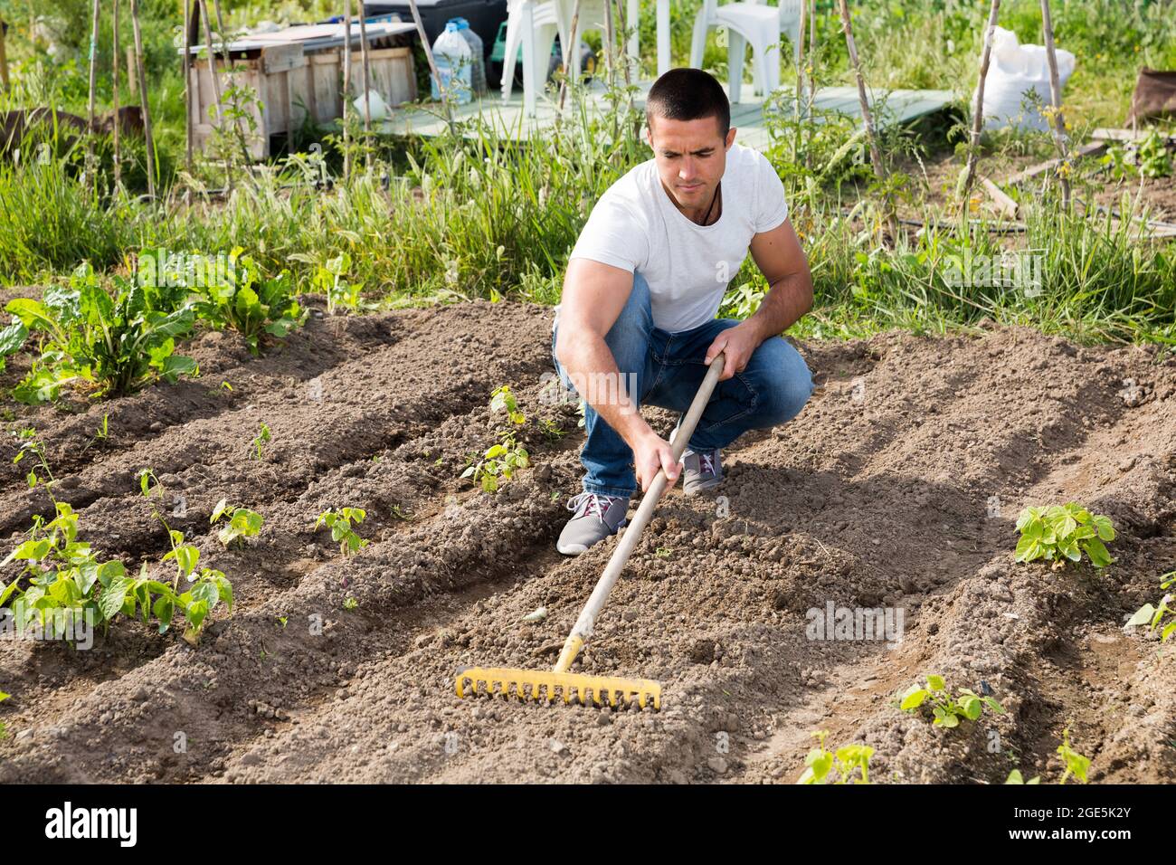 Young man gardener with rake working at land in garden Stock Photo - Alamy