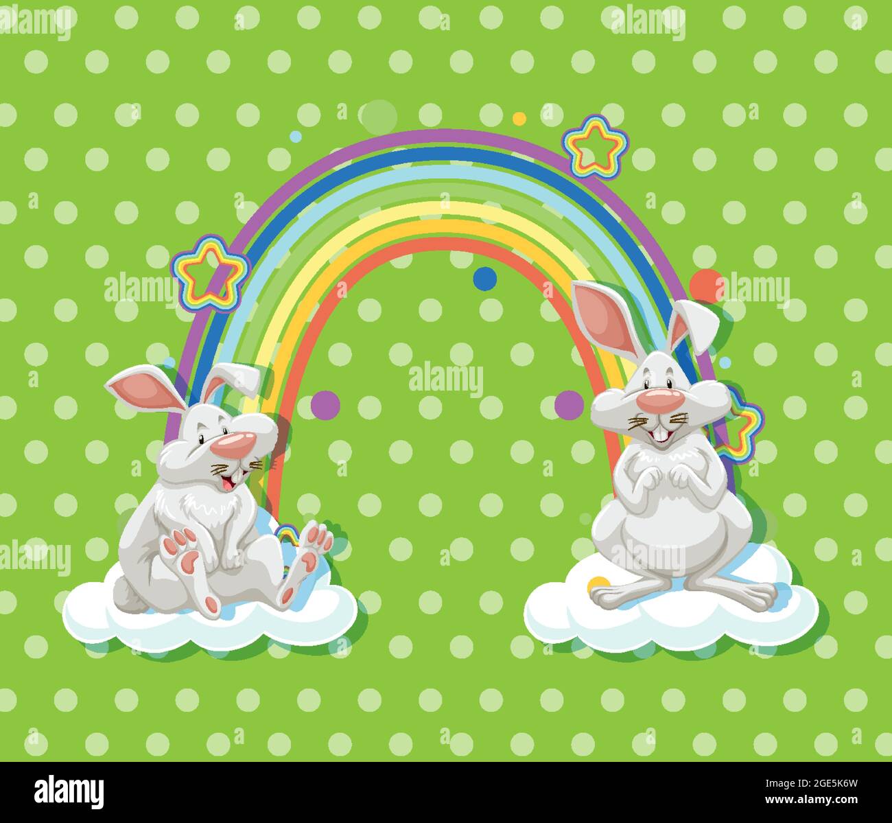Two rabbits on the cloud with rainbow on green polka dot background ...
