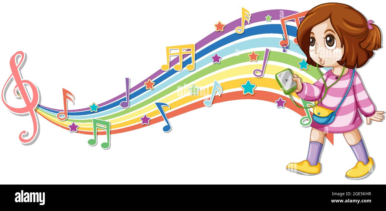 Girl with melody symbols on rainbow wave illustration Stock Vector ...