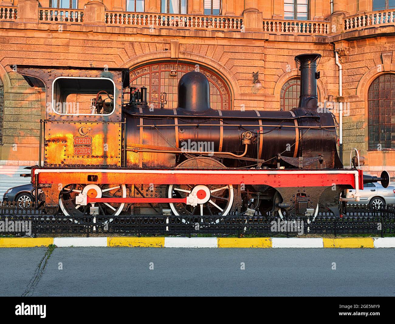 Historic steam locomotive of the Ottoman Railway Company, illuminated ...