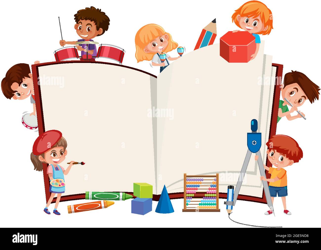 Empty opened book with school kids and stationery elements illustration ...