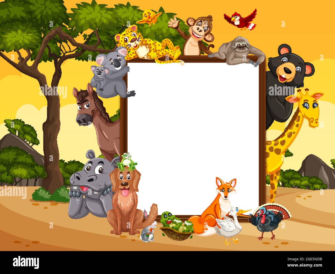 Empty wooden frame with various wild animals in the forest illustration ...