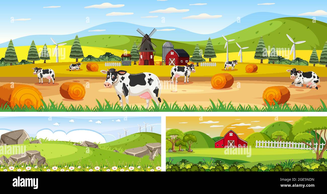 Outdoor panoramic landscape scenes set with cartoon character ...