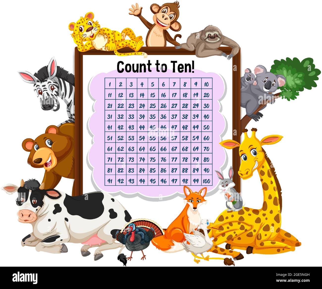 Counting number 1-100 board with wild animals illustration Stock Vector ...