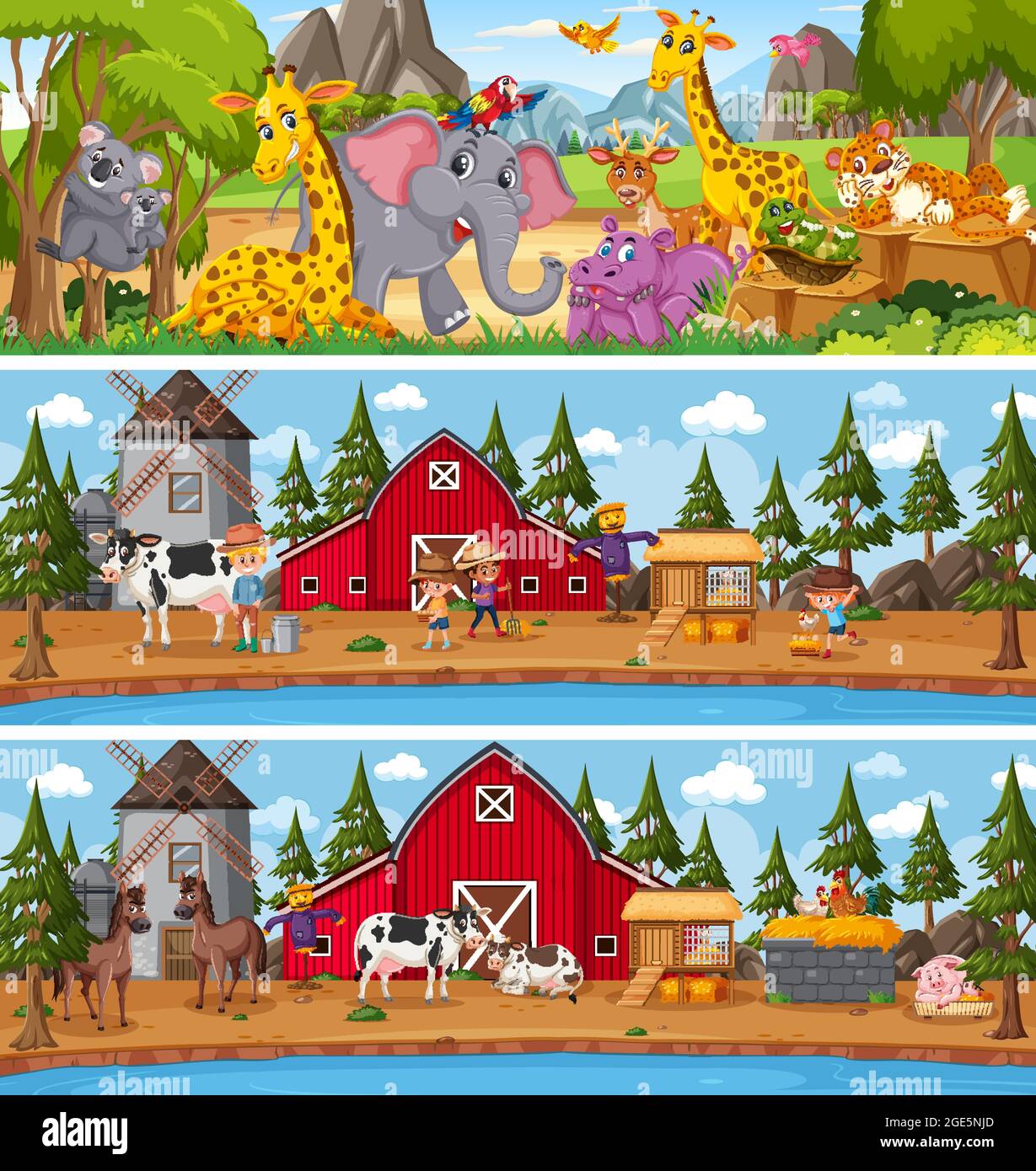 Different nature landscape at daytime scene with cartoon character ...