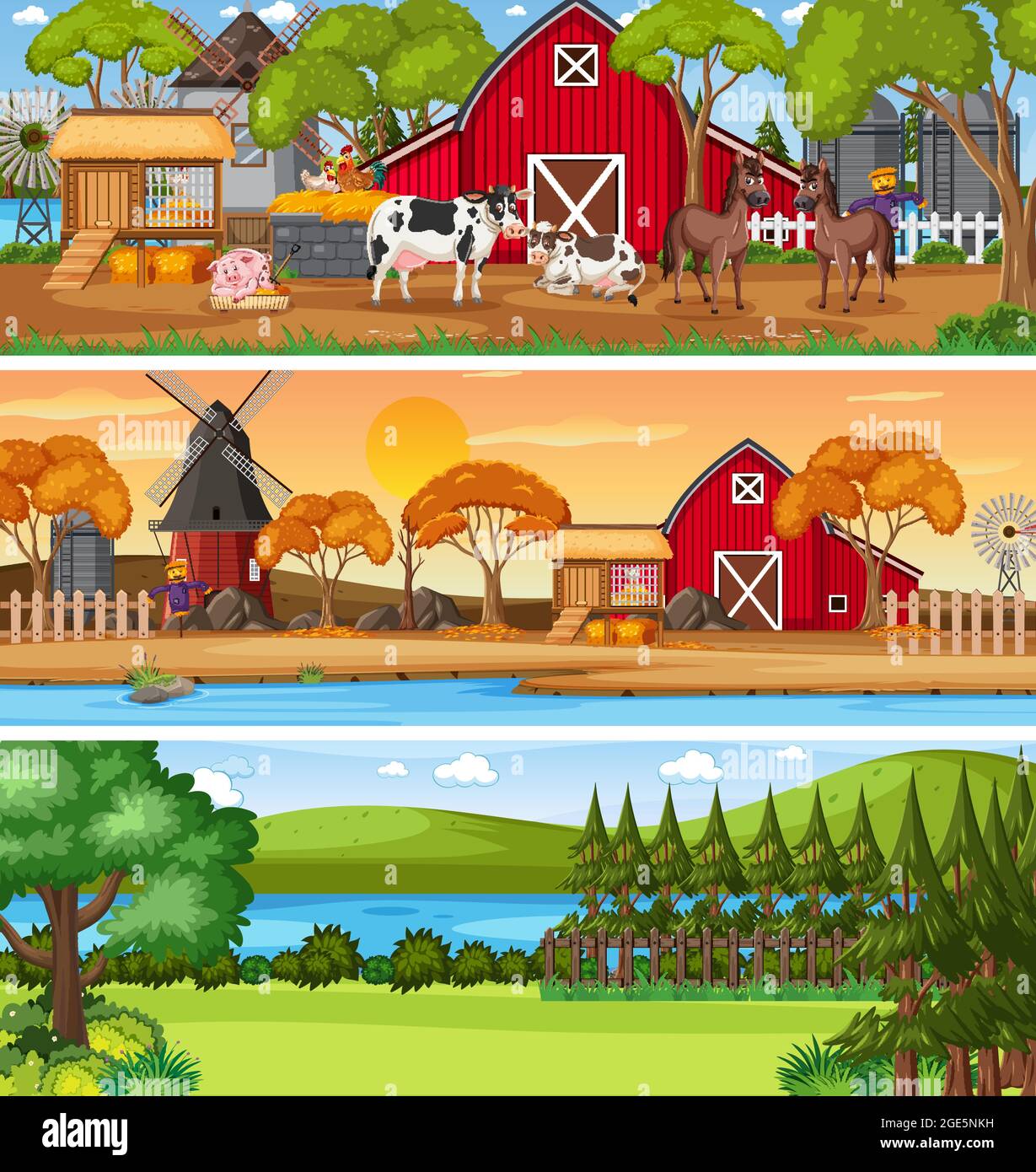 Set of different nature landscape at daytime scene with cartoon ...
