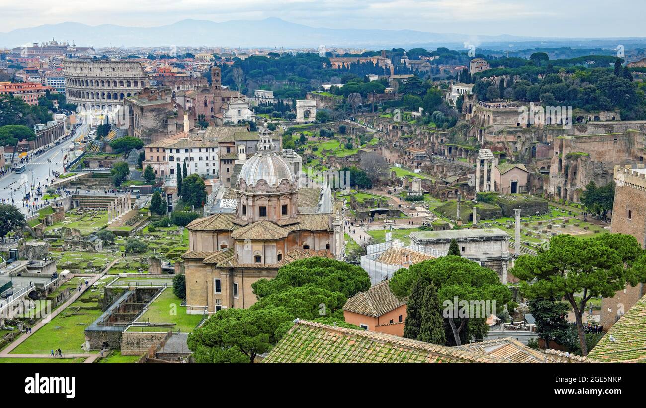 Overview of the historical centre of Rome, view of Caesar's Forum on ...