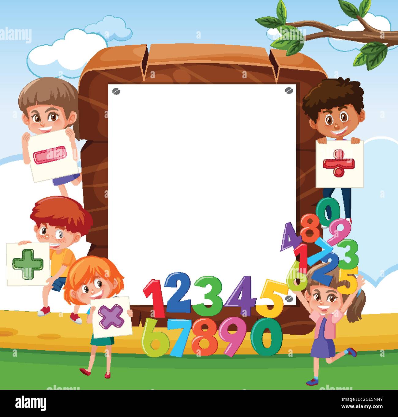 Empty Wooden Frame With School Kids And Math Objects Illustration Stock
