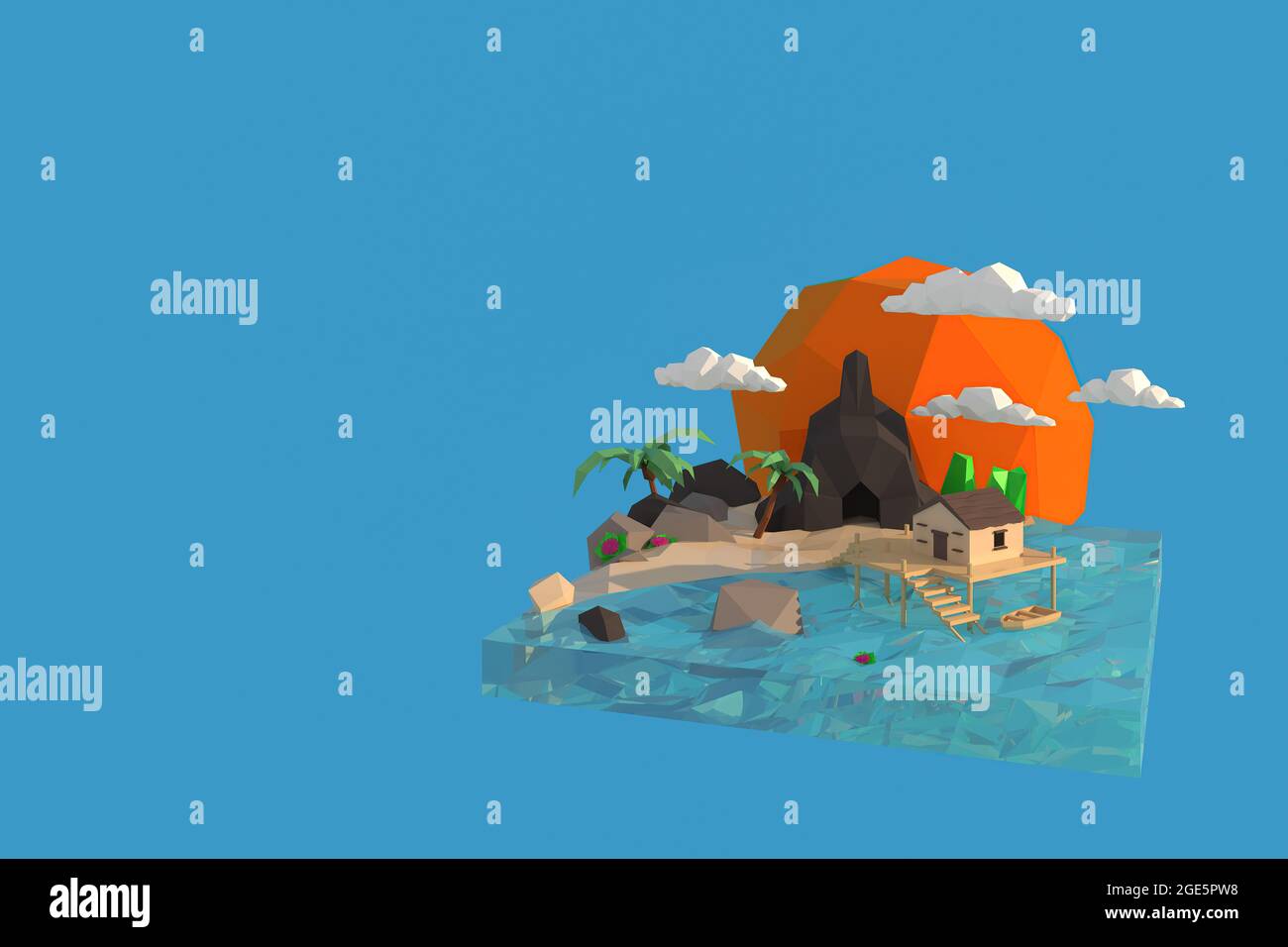 3D illustrator of sunset on the beach. 3D rendering of a low polygon ...