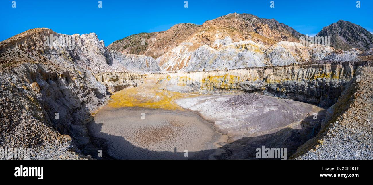 Crater with yellow discoloured sulphur stones, Caldera volcano with ...