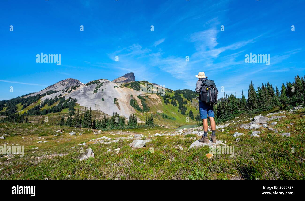 Hiker looking into the distance, Black Tusk volcanic mountain ...