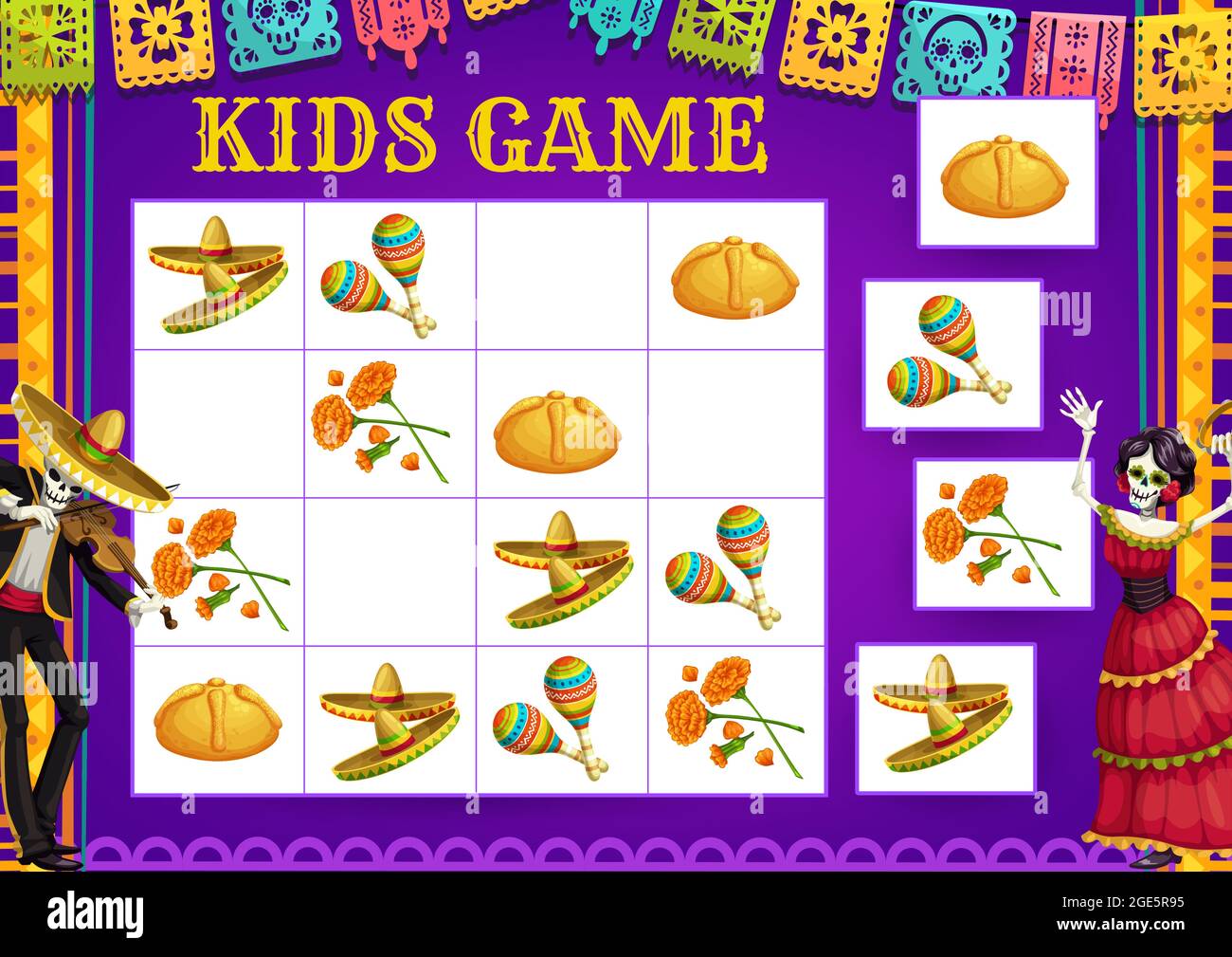 Dia de los Muertos Day sudoku game, vector kids education block puzzle ...