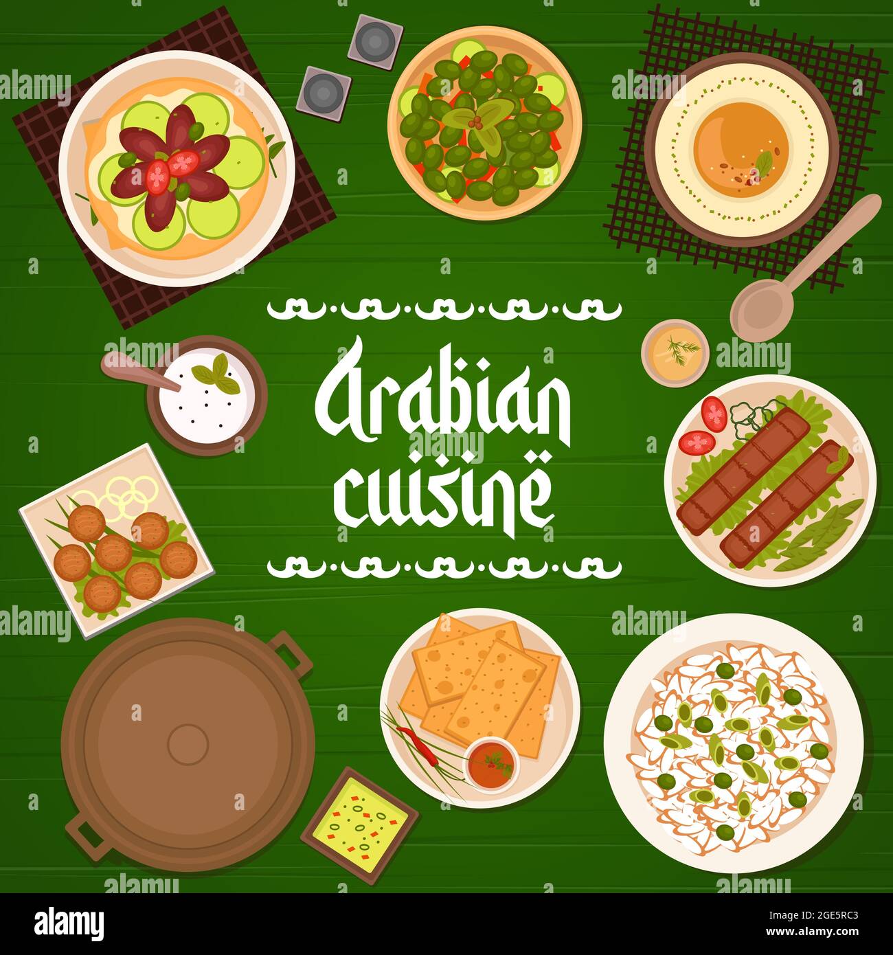 Arabian cuisine meat meals, dishes with vegetables menu cover. Chickpea ...