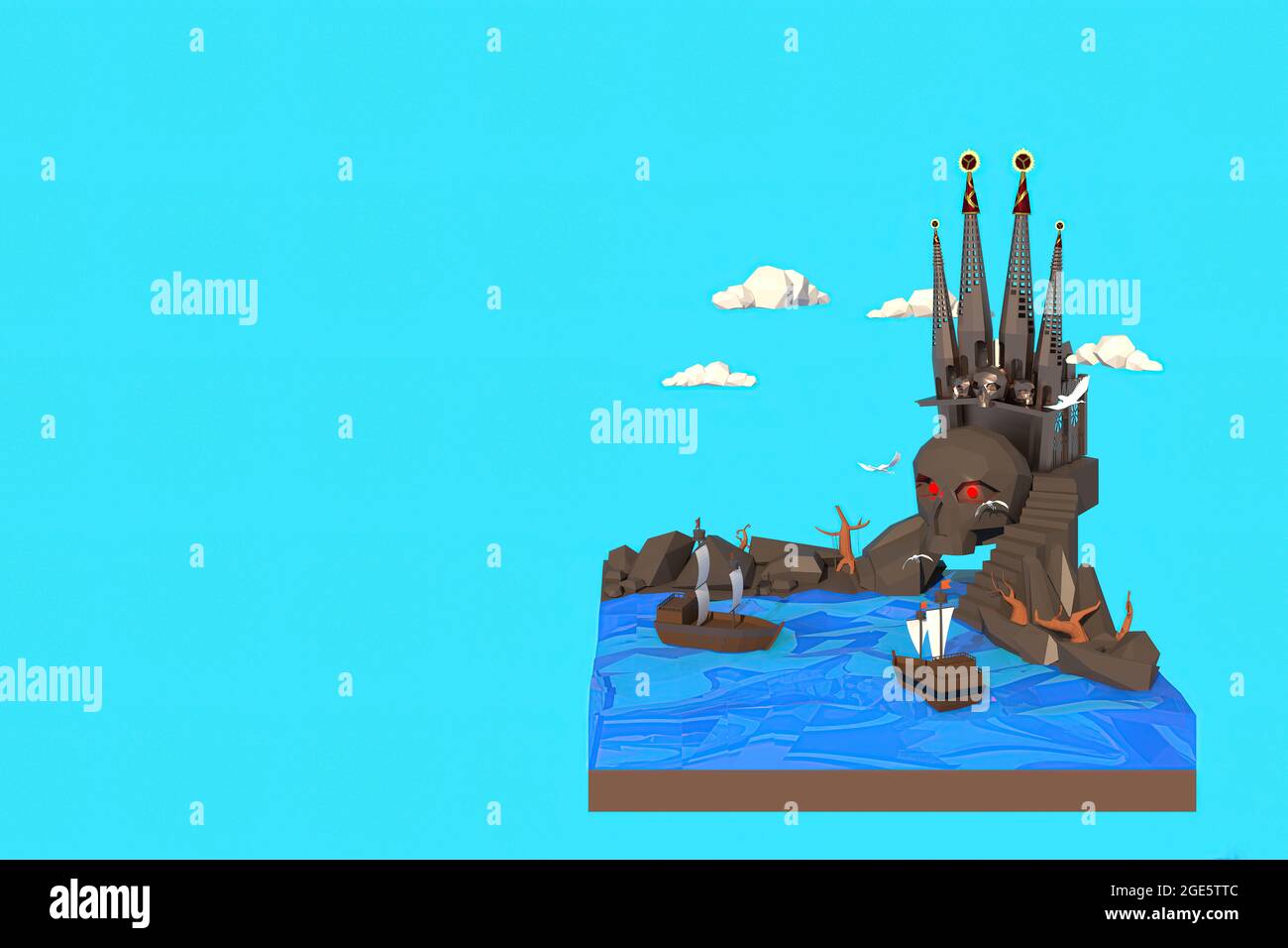 3D illustrator of pirate castle. 3D rendering of a low polygon model ...