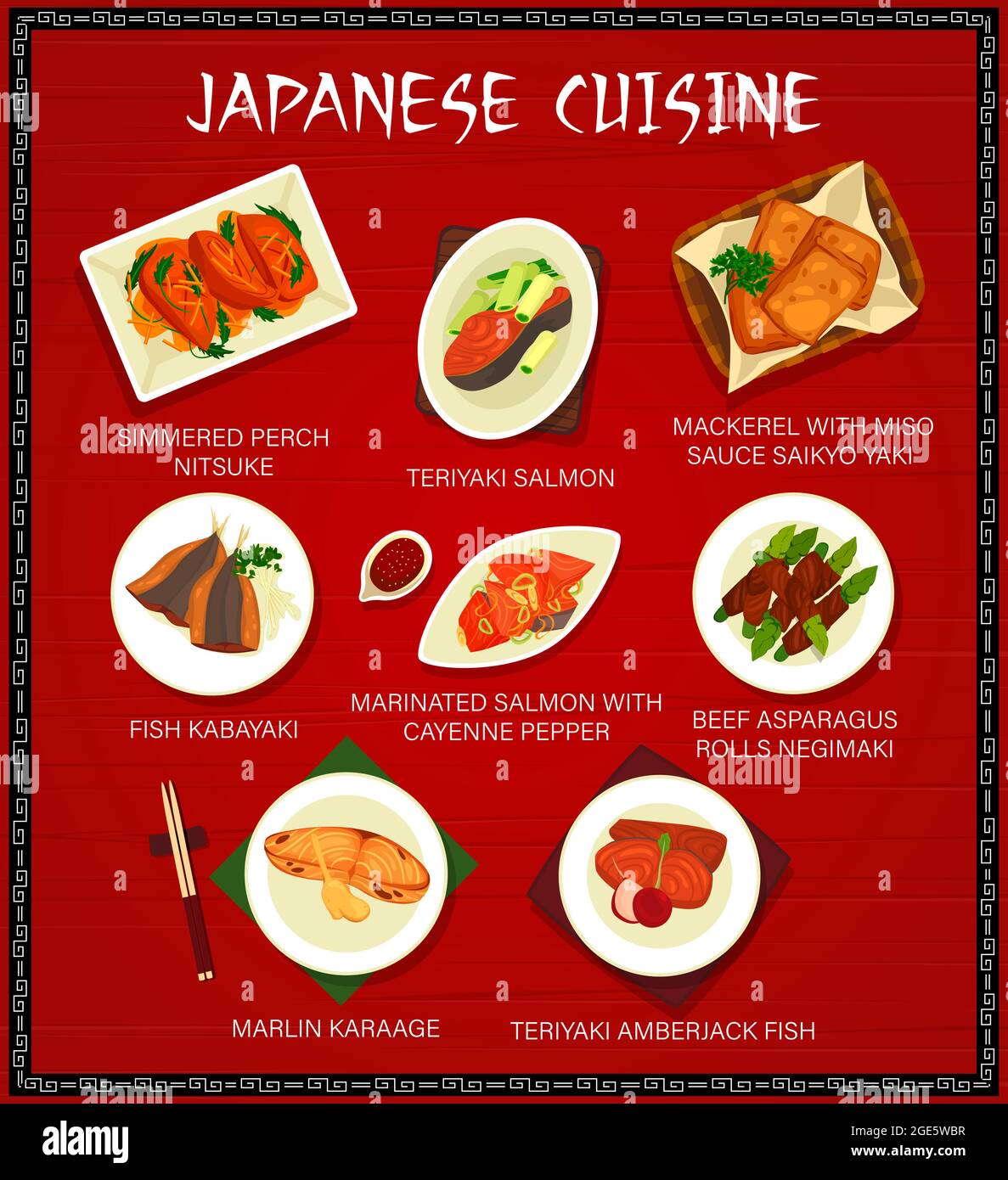 Japanese cuisine vector simmered perch nitsuke, teriyaki salmon ...