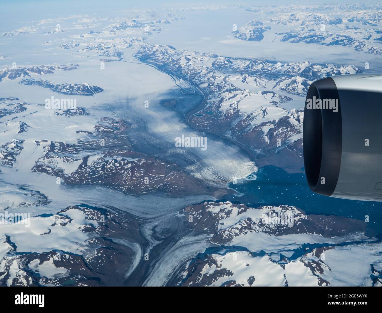 Glacial landscape, calving glaciers and ice floes, aerial view from a ...