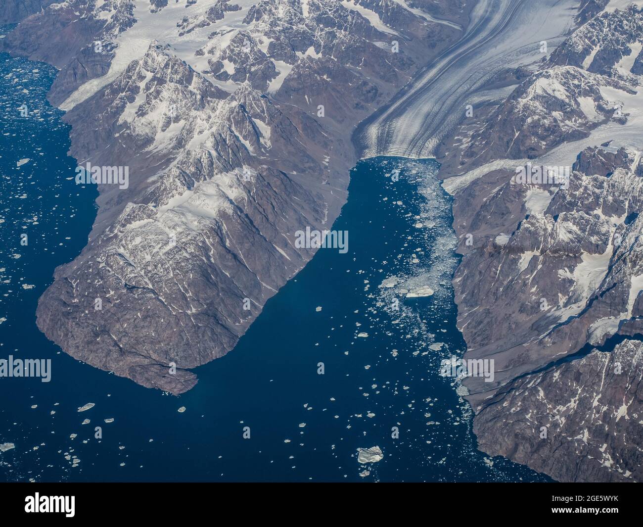 Glacial landscape, calving glacier and ice floes, aerial view from an ...
