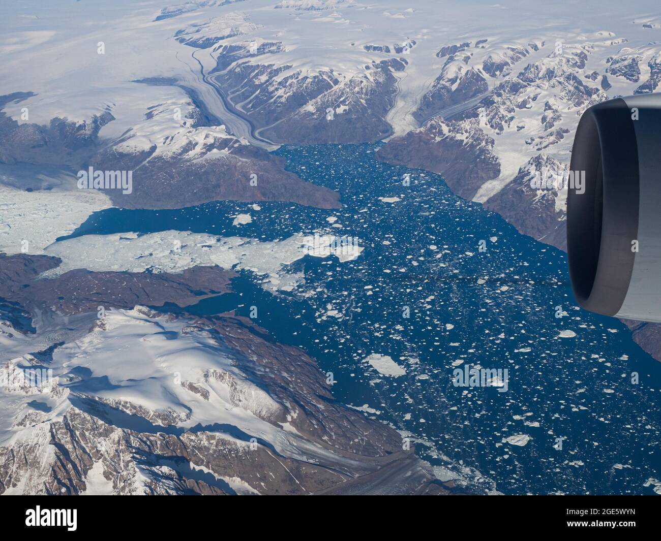 Glacial landscape, calving glaciers and ice floes, aerial view from a ...