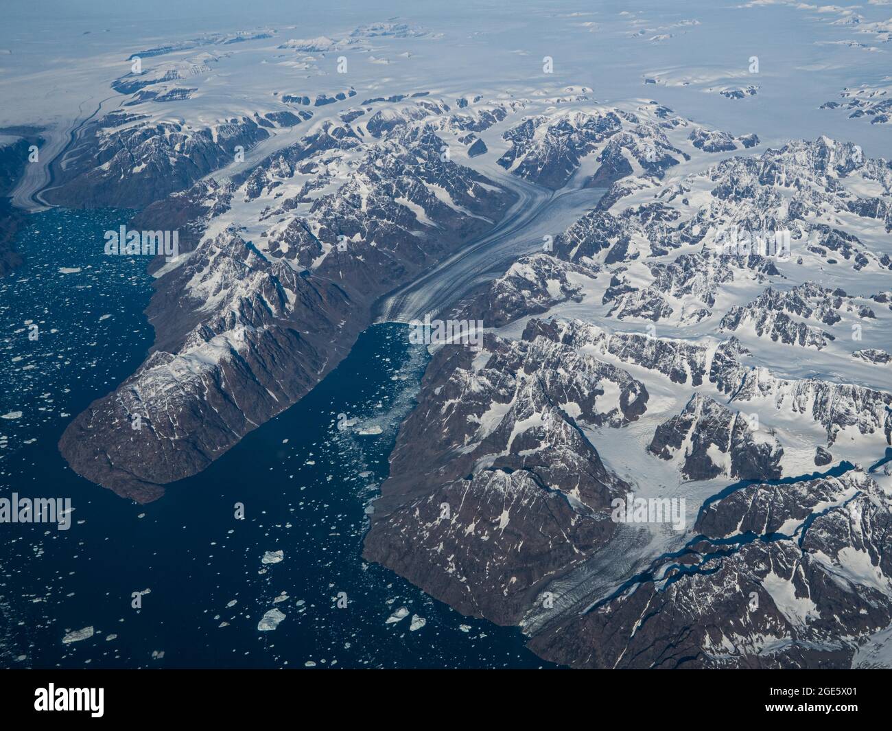 Glacial landscape, calving glaciers and ice floes, aerial view from a ...