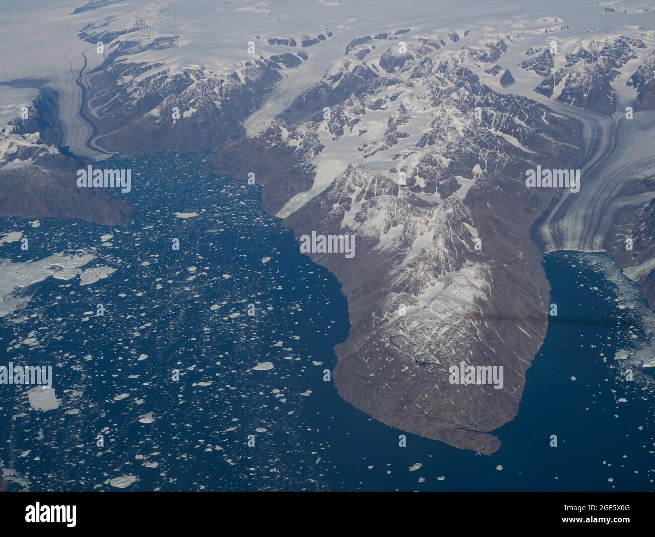 Glacial landscape, calving glaciers and ice floes, aerial view from a ...