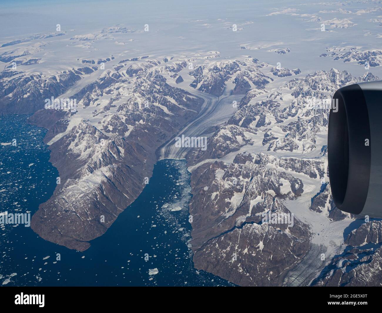 Glacial landscape, calving glaciers and ice floes, aerial view from a ...