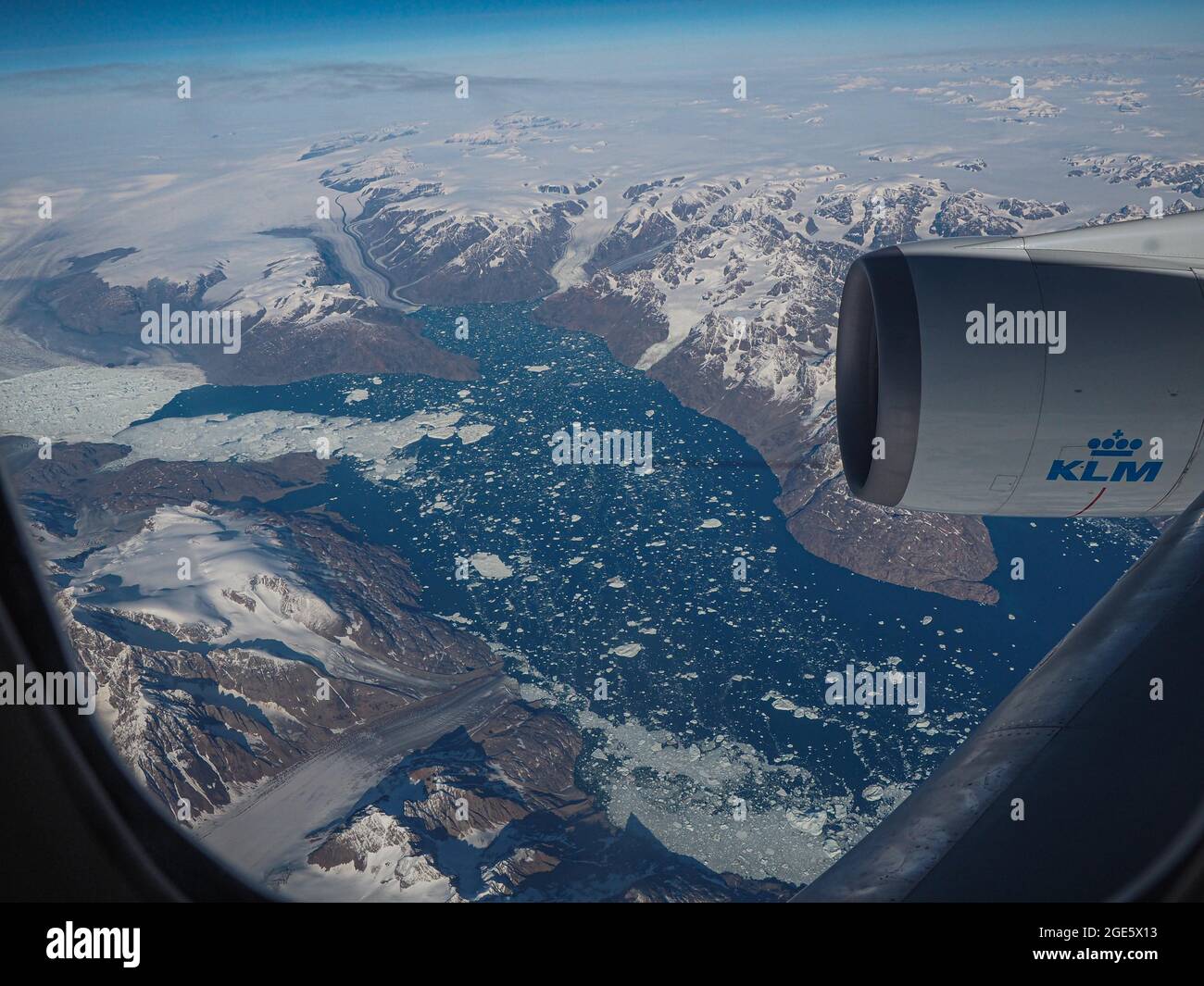 Glacial landscape, calving glaciers and ice floes, aerial view from a ...