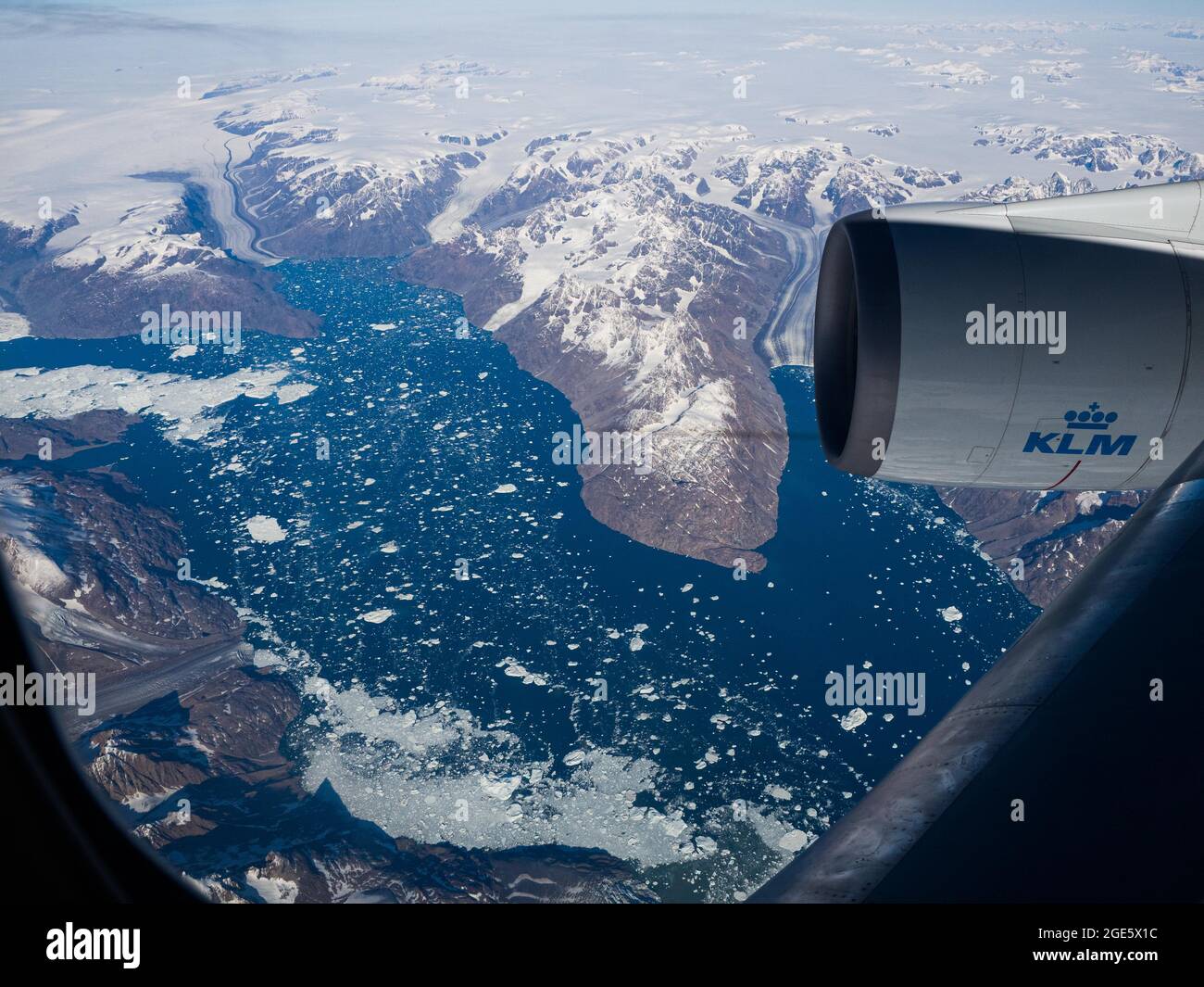 Glacial landscape, calving glaciers and ice floes, aerial view from a ...