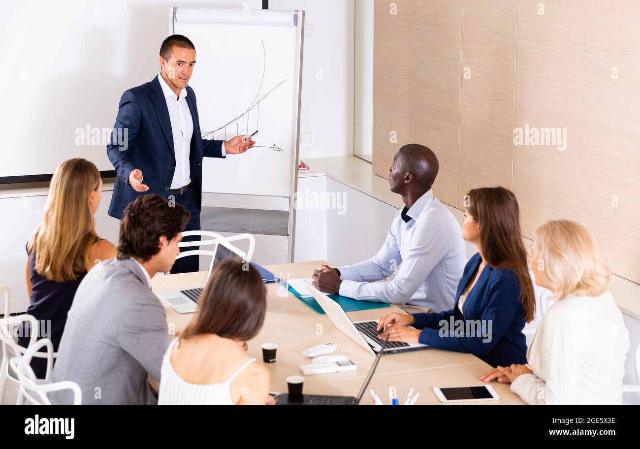Man presenting business project to coworkers Stock Photo - Alamy