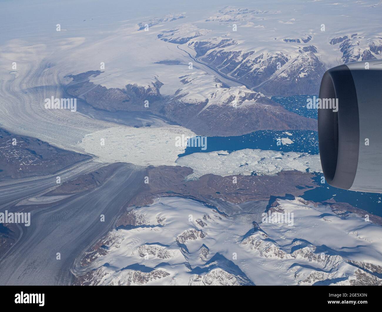 Glacial landscape, calving glaciers and ice floes, aerial view from a ...