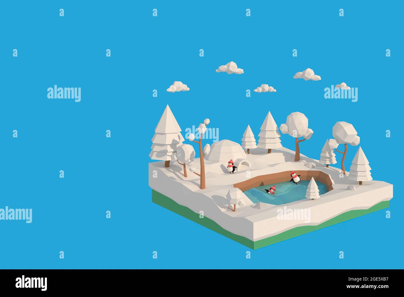 3D illustrator The Penguin Village. 3d rendering Low Polygon Geometry ...