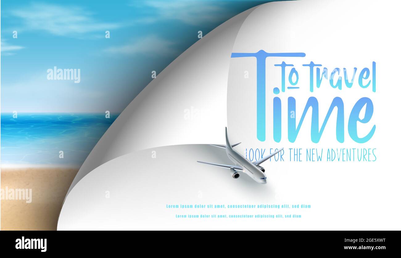 Time to travel banner with airplane in the sky and realistic beach with ...