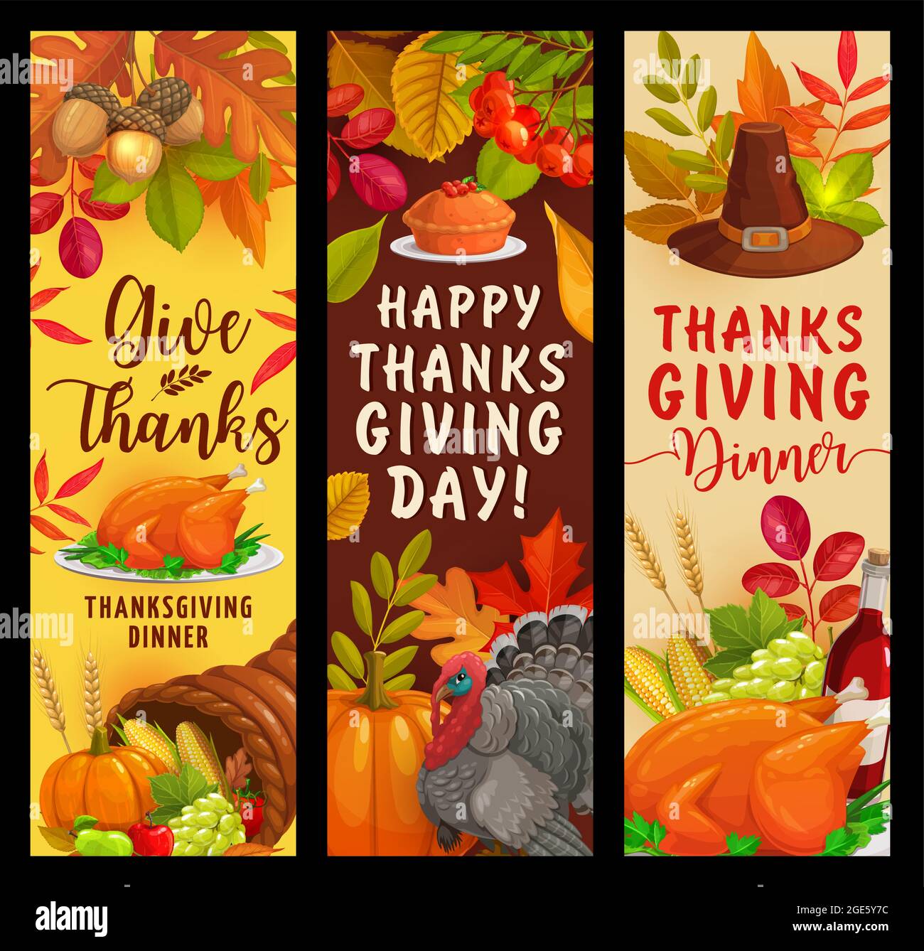 Happy Thanksgiving vector banners with falling leaves, autumn harvest ...