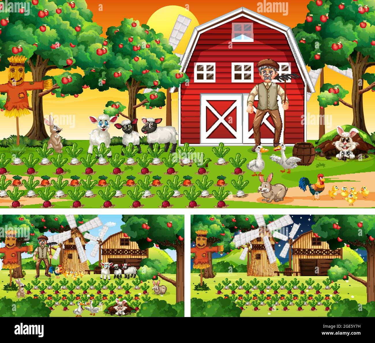 Set of farm scenes at different times illustration Stock Vector Image ...