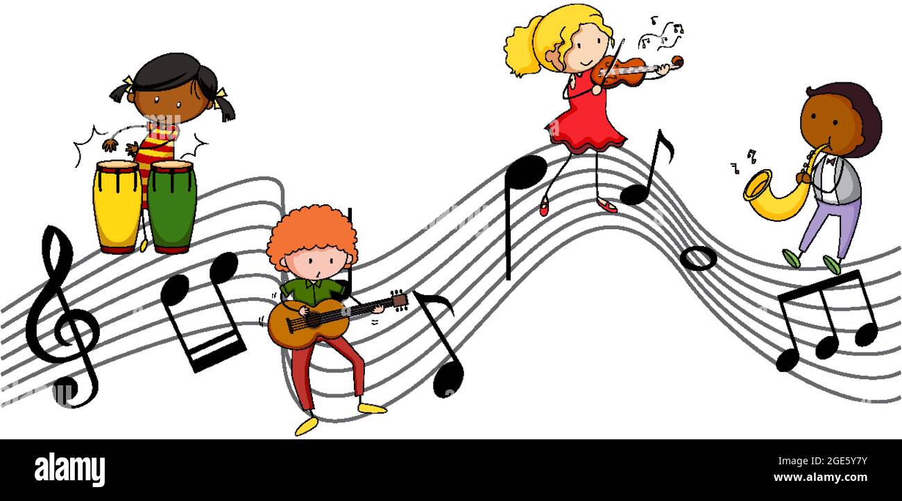 Musical melody symbols with many doodle kids cartoon character ...