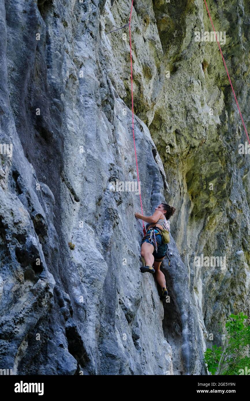 Climbing on a rock wall, climber in wall, sport climbing, Buzetski ...