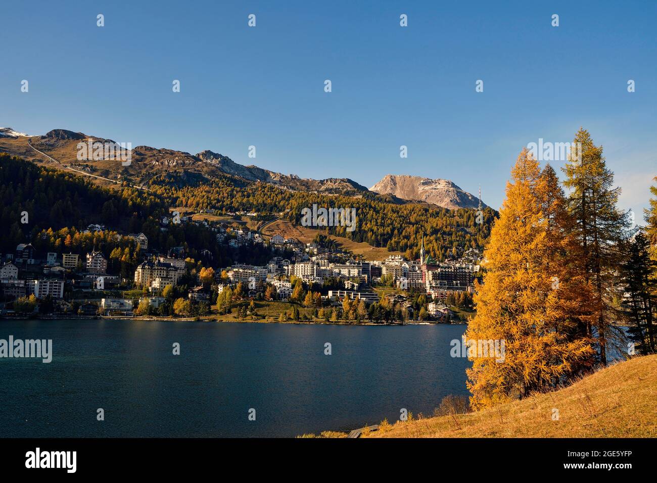 St.Moritz in autumn with St.Moritzersee, Engadin, Graubuenden ...