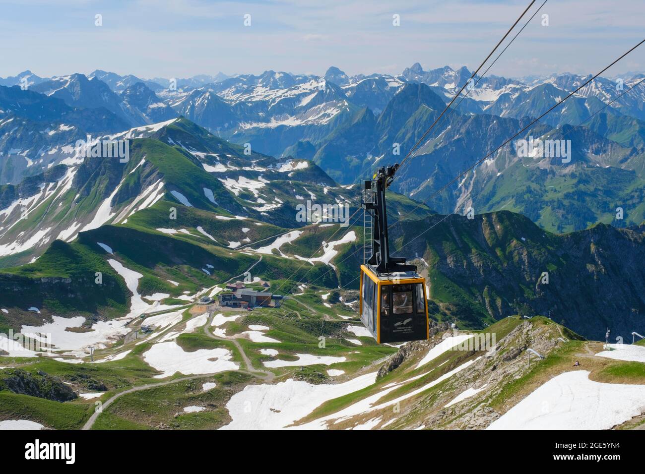 Gondola of the Nebelhornbahn and panoramic view of the Allgaeu Alps ...