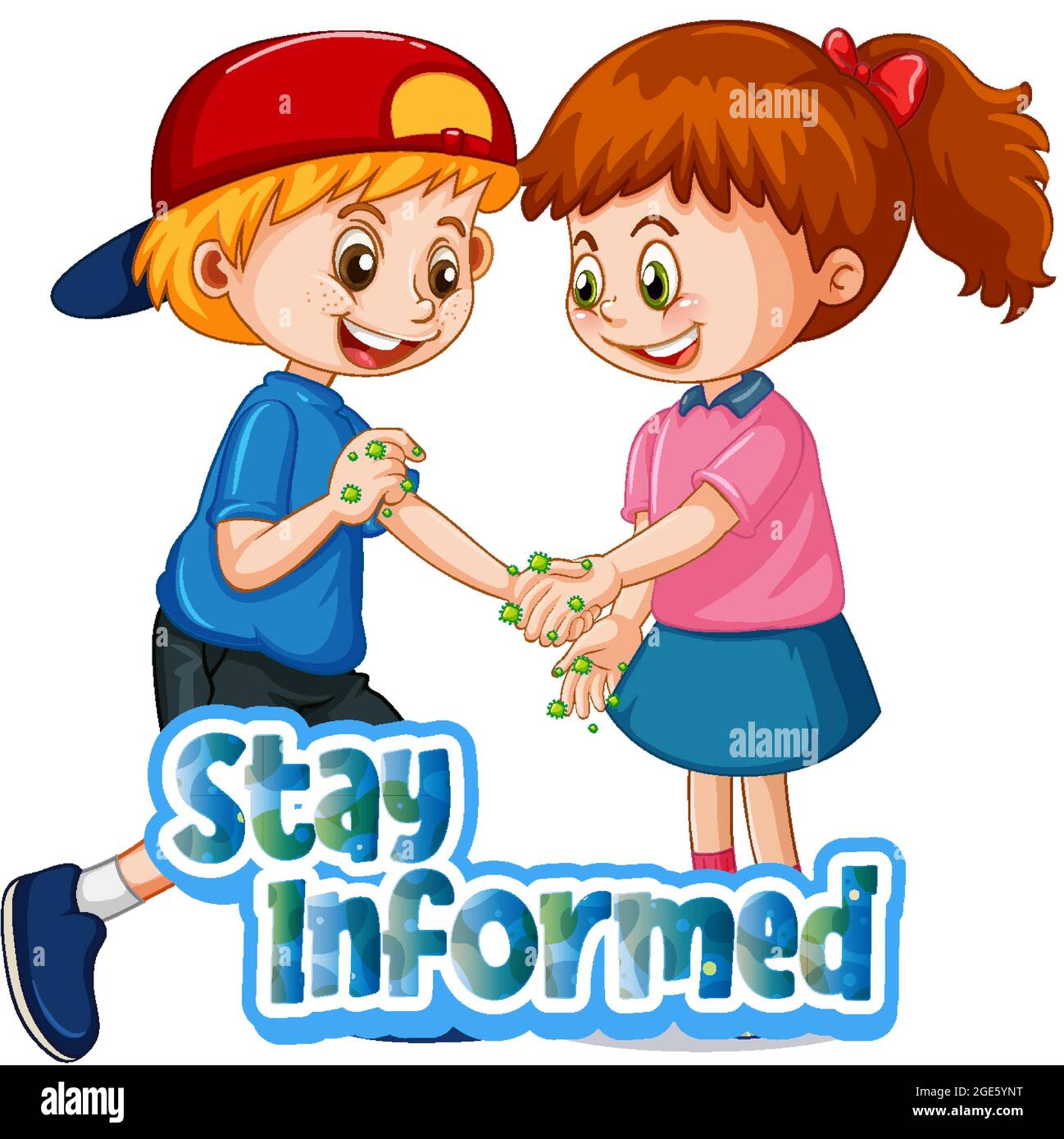 Stay Informed font in cartoon style with two kids do not keep social ...