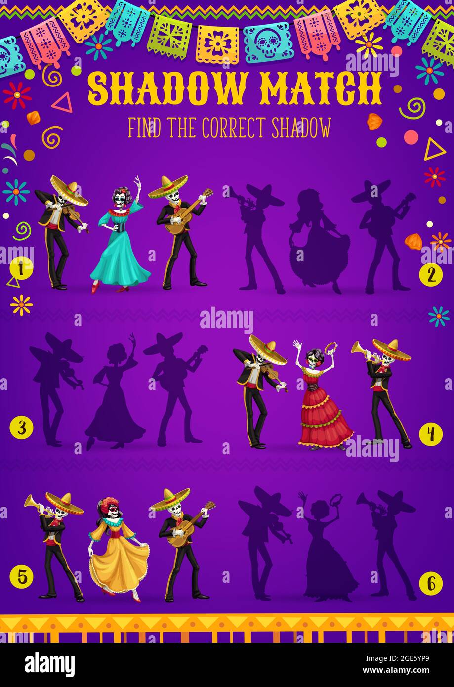 Dia de los Muertos Day skeletons shadow match kids game. Vector ...