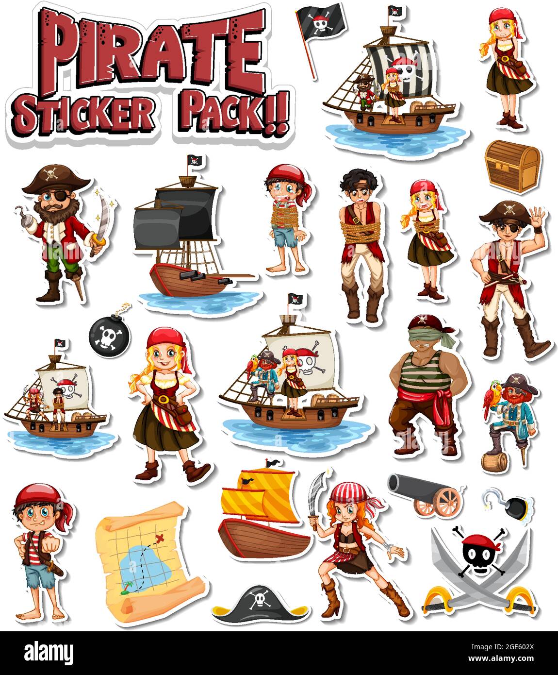 Pirate sticker pack set with cartoon character isolated illustration ...