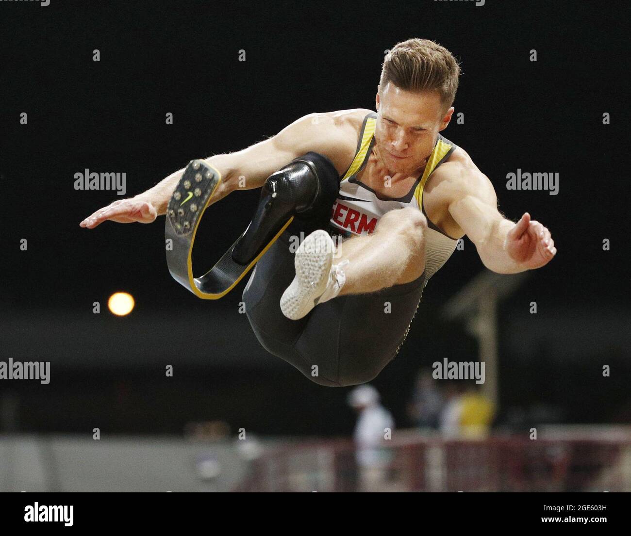 File photo shows Germany's Markus Rehm competing in the men's long jump ...