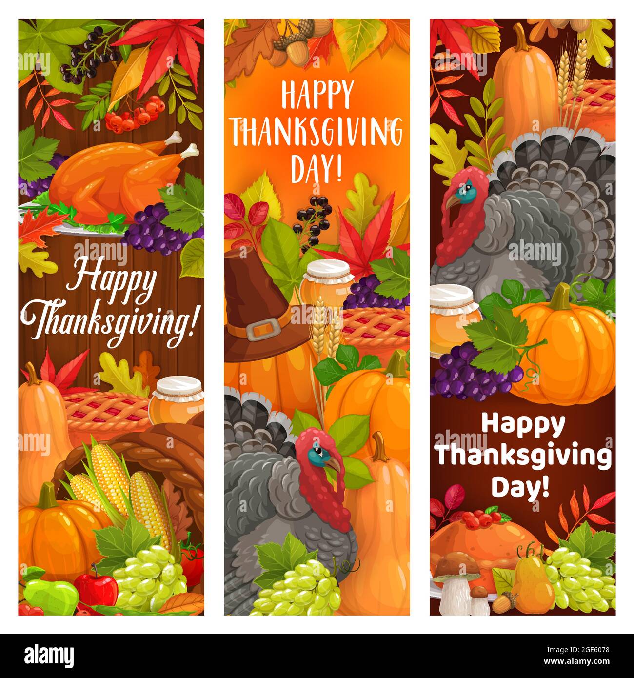 Thanksgiving holiday turkey, harvest, cornucopia and food. Vector ...