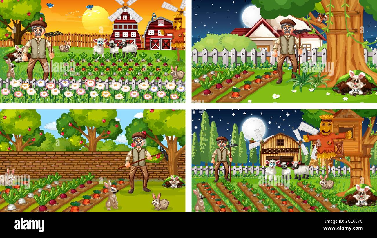 Different farm scenes with old farmer and animal cartoon character ...