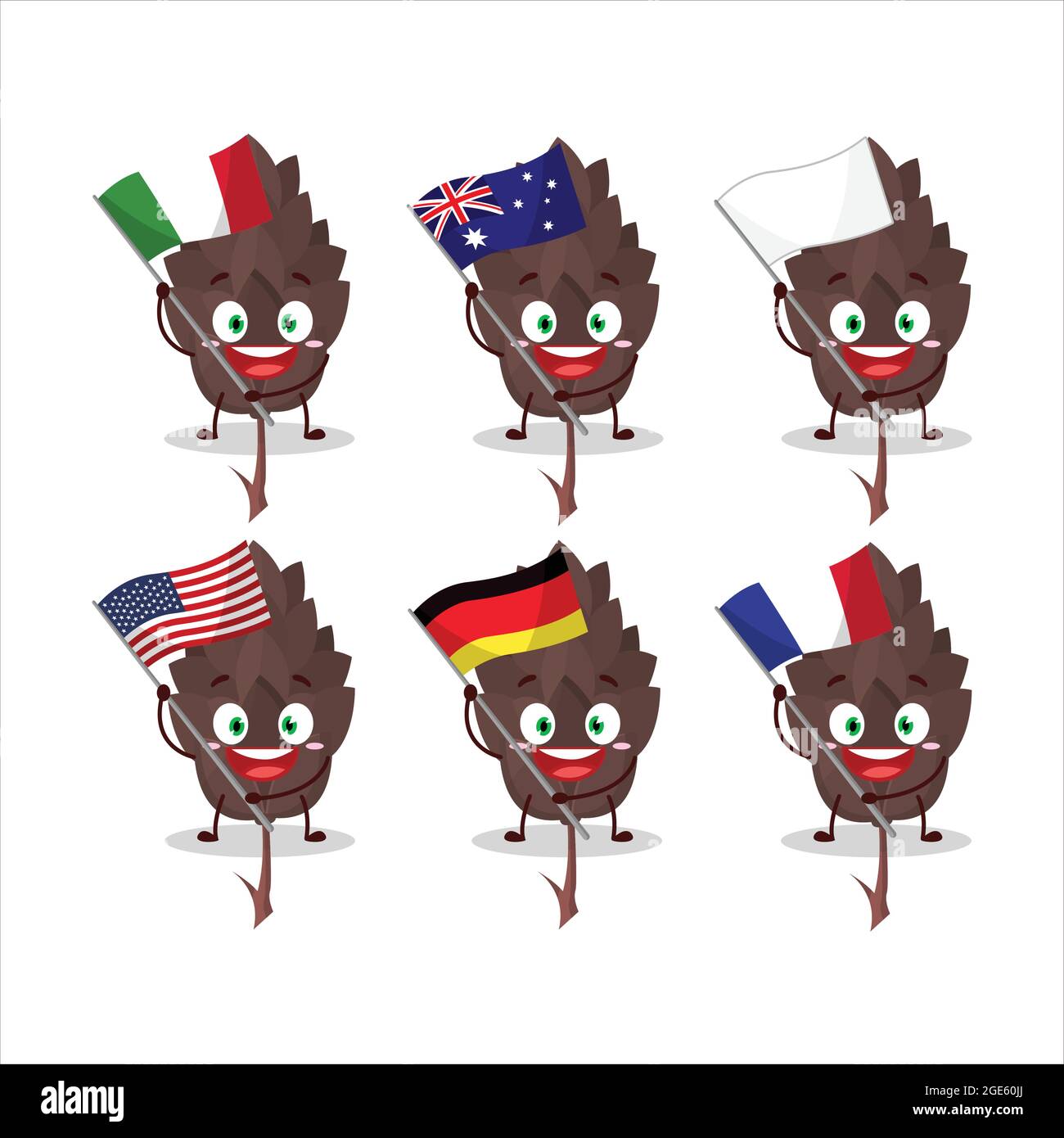 Conifers Cartoon Character Bring The Flags Of Various Countries Vector