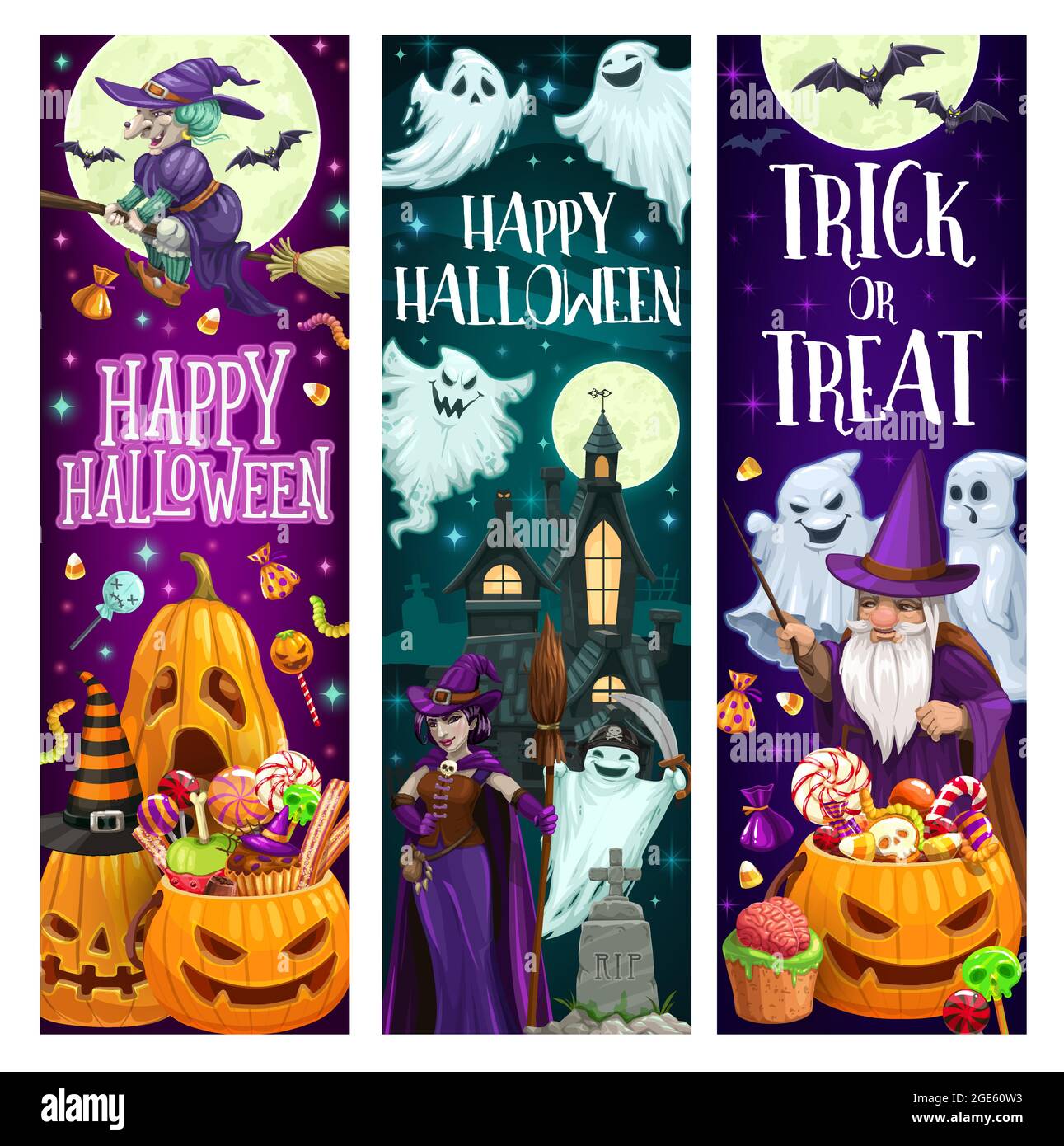 Happy Halloween cartoon vector banners. Witch in purple dress holding ...