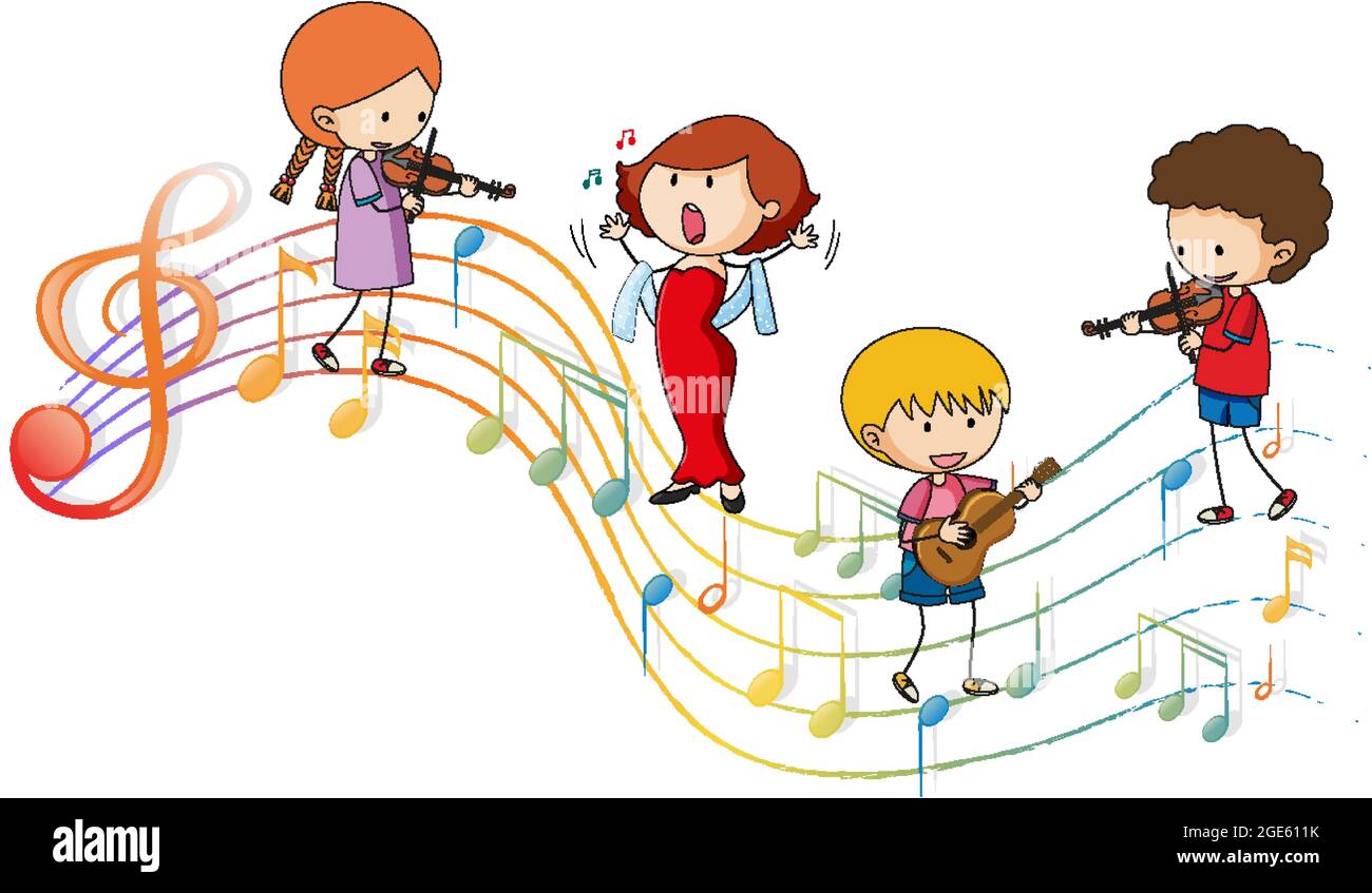Musical melody symbols with many doodle kids cartoon character ...