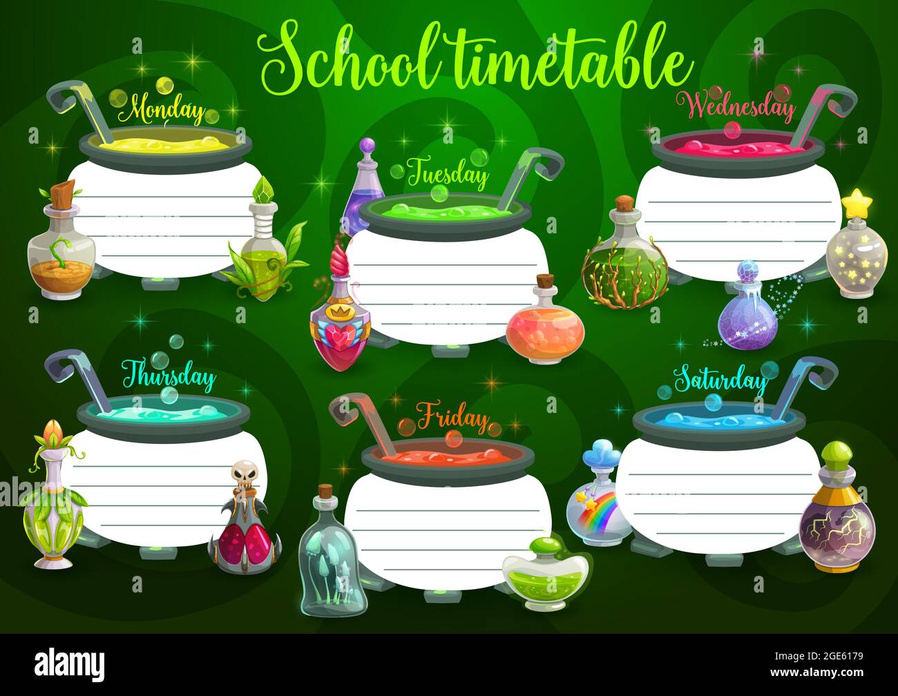 Kid school timetable with witch cauldron and magic potions. Children ...
