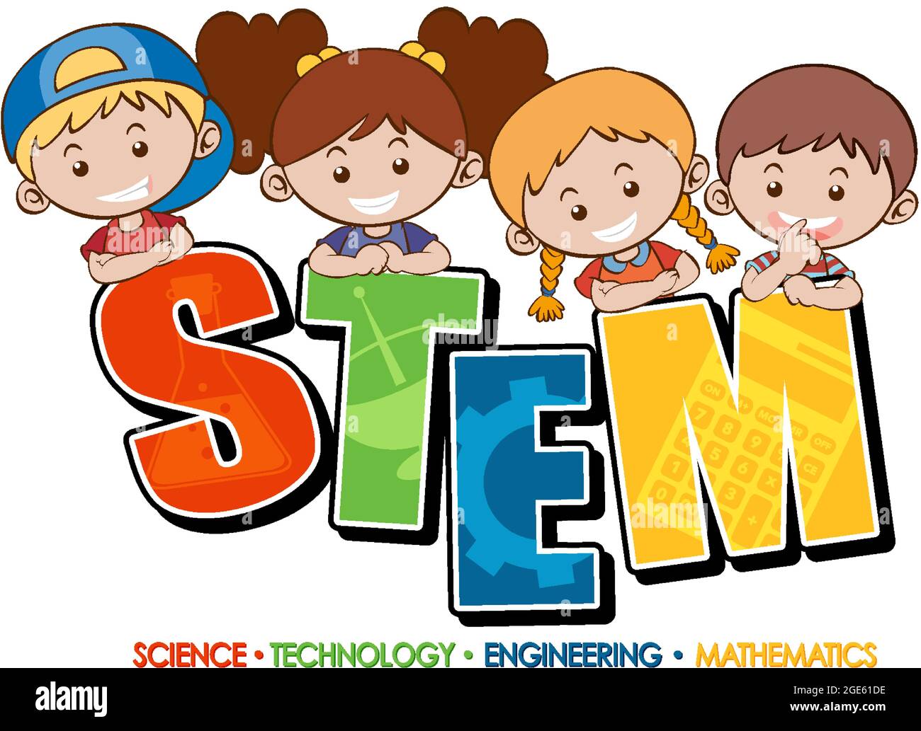 STEM education logo banner with kids cartoon character illustration ...